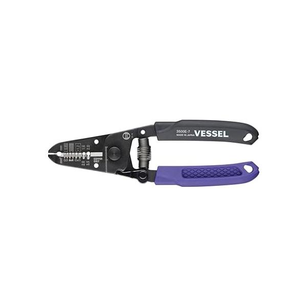 ベッセル(VESSEL)ワイヤーストリッパー ねじカッター付No.3500E-7■特長・真円形状で芯線を傷つけない高精度ブレード・自然に握り方向が決まるダブルカラーで作業効率がアップ・落下防止コード取付穴付き■用途・配電盤・屋内の配線作業に。