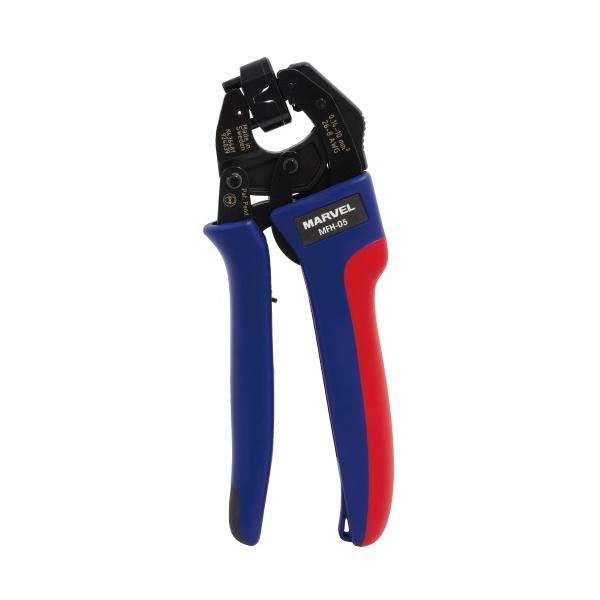 MARVEL　マーベルフェルール端子圧着工具MFH-05縦・横両方向で圧着可能■特長・適用サイズのフェルール端子に自動でアジャスト・左右どちらからでも圧着可能(右利き/左利き両用)・握りやすいグリップ形状・落下防止ストラップ穴付・ラチェット...