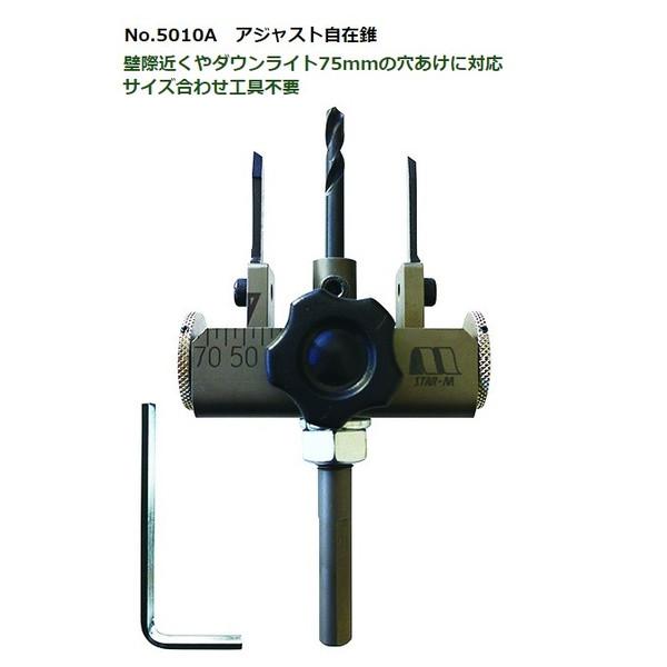 スターエム STRA-M品番 5010Aアジャスト自在錐 セット壁際近くやダウンライト75mmの穴あけに対応　サイズ合わせ工具不要■特長・一台で径25〜75mmまでの穴あけが可能です・構造用合板28mm厚にも一発で穴あけが可能です・両刃タイ...