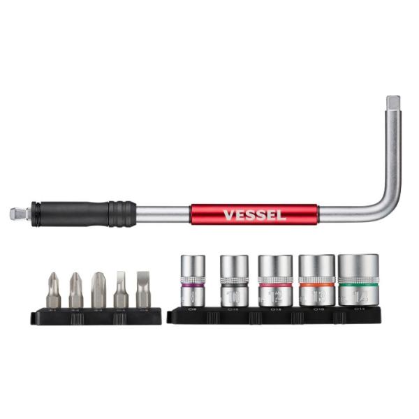 ベッセル(VESSEL)2WAYスピードLハンドルセット No.SLH2-1先端が２ＷＡＹ！（差込部が六角6.35mm＆四角1/4"）、使い方も２ＷＡＹ！（早回し/パワフル）●前にスライドでビット、後ろにスライドでソケット、ソケットもビット...