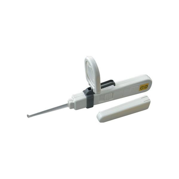 ・みみかき仕様：耐衝撃メタクリル樹脂・レンズ仕様：アクリルレンズ・レンズ倍率：約2倍・レンズ径：約18×26mm・ライト：発光ダイオード（LED）・使用電池：ボタン電池（LR-44）×2個使用