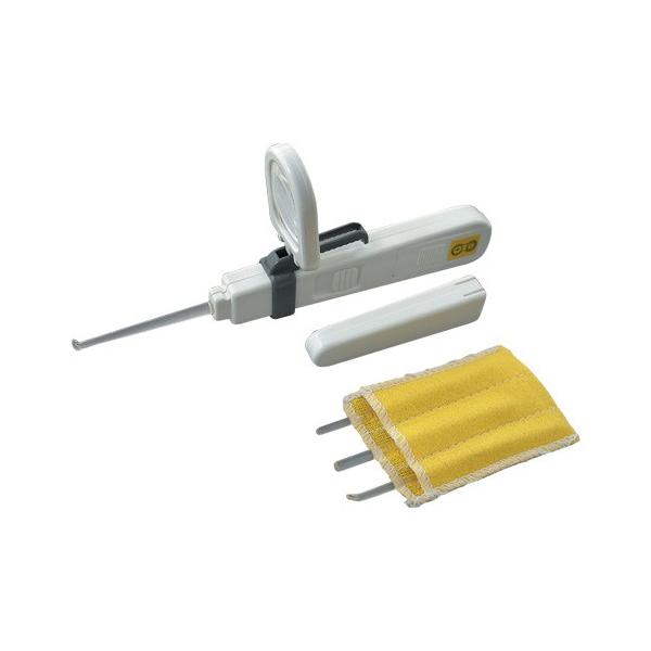 ・みみかき2本（スプーン型　細形・太形）、観察ライト棒の3本付属・レンズ仕様：アクリルレンズ・レンズ倍率：約2倍・レンズ径：約18×26mm・ライト：発光ダイオード（LED）・使用電池：ボタン電池（LR-44）×2個使用