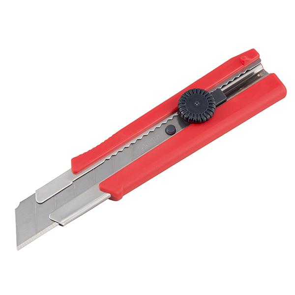 強力ネジ式ロックです。滑りにくいエラストマー樹脂製グリップ、特厚ブレードホルダー（1mm厚）を採用しています。刃が滑り出ないピッチ送り方式を採用。