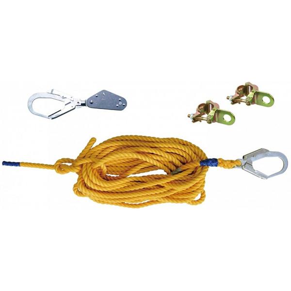 ●低層住宅の屋根作業用親綱セットです。●足場管などにリング付クランプを取り付け、これに親綱ロープのフック、緊張器を掛けて使用します。●親綱緊張器、親綱とも仮設工業会認定品です。●クランプはφ48.6／φ42.7兼用です。