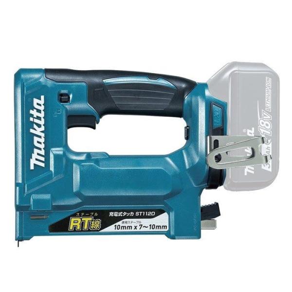 マキタ 18V 充電式タッカ ST112DZK RT線専用 本体+ケースのみ(バッテリ・充電器別売)※バッテリ・充電器別売/本体＋ケースのみ■　ＲＴ線ステープル専用■　軽量１．６ｋｇ・コンパクトボディ■　抜群の取り回しと手軽さで狭い場所でも...