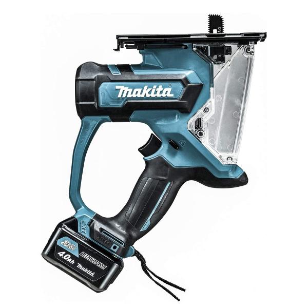 マキタ　１０．８Ｖ　充電式ボードカッタ　ＳＤ１００ＤＳＭＸ　４．０Ａｈモデル■　ボードの角穴あけをスピーディーに■　優れたバランス＋安定した直線切断■　上向き切断時に粉じんが入る■　専用刃、カッタ刃使用可能（オルファ刃幅１８ｍｍ）