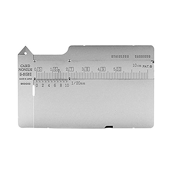 【特徴】お財布やシステム手帳に入るサイズです。外径や長さを測る、凹みの深さを測る、縁から縁を測る等、多彩な機能のノギスです。【用途】カードサイズノギス。【仕様】●サイズ：20×35mm。●厚み：0.3mm。【材質】●ステンレス。【サイズ】幅...