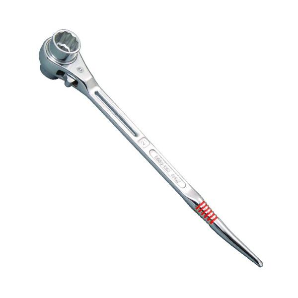 【特徴】安全ロープ取付スライド穴が付いています。グリップ部に滑り止めの溝付ニューデザインです。切換爪の窓が開口により砂かみの時は洗浄が簡単です。パイプ足場の組立、解体に最適です。番線締付けに最適な曲りしの付きラチェットレンチです。【用途】ボ...