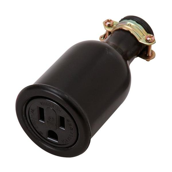 【特徴】125V15A3芯アース接続です。【用途】掃除機、電動工具などの交換用電源ソケット。【仕様】●交流電圧：125V。●許容電流：15A。●防雨対応。●アースピン接続対応。【サイズ】幅：45mm高さ：90mm奥行き：45mm重量：80g