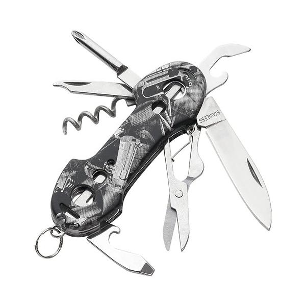 【特徴】タフに使えるサビに強いステンレス製です。海、山、川やキャンプなど様々な用途に合わせて、それに適した機能を搭載したモデルです。機能は缶切り・ナイフ・はさみ・爪そうじ・ヤスリ・マイナスドライバー・プラスドライバー・栓抜き・コルク抜き・キ...