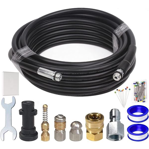 【製品パラメータ】長さ10M 内径6mm 外径12mm 重量：1kg 耐熱 : 60℃ 最大圧力：40MPa(5800PSI)　パッケージ内容：10m延長用の高圧ホース*1、ノズル*3（逆噴射ノズル*1、ロータリー逆噴射ノズル*1、スプリン...