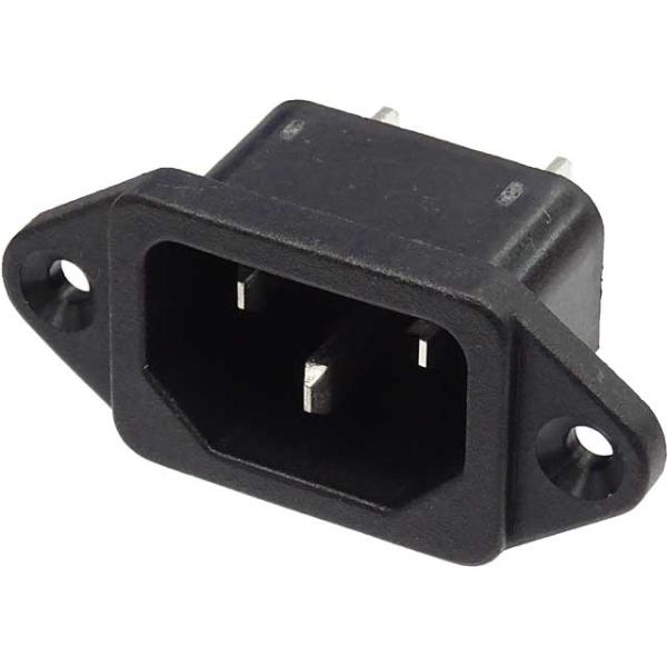機器側用のACインレット(IEC C14)です。■主な仕様・コネクター種類：インレット・コネクター形状：コンセント3P・極数：3・定格電圧：250V・定格電流：10A・取付タイプ：パネル取付