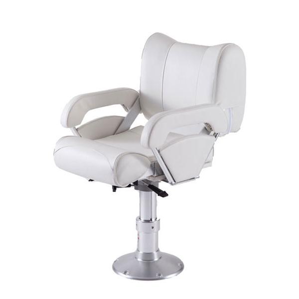 インターコムマリン社製のひじ掛け付きの背もたれ反転タイプのヘルムシートです。座面全面がアップリフトするので立って操船する時に立ち座りができます。エアーダンパーのアルミペデスタルとセットになったパッケージです。■シートサイズ:幅400mm(肘...