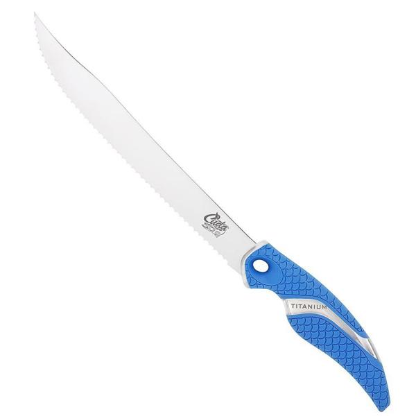 【CUDA社製　鋸刃付きの大型魚用骨きりナイフ】鋸刃(刃渡り:9インチ(22cm))付きの大型魚用骨きりナイフです。大型魚の頭をズボッと落とせます。刃は鋸歯状になっているためとても鋭く、カツオだけでなく、カジキ、マグロなど大型魚の解体にご使...