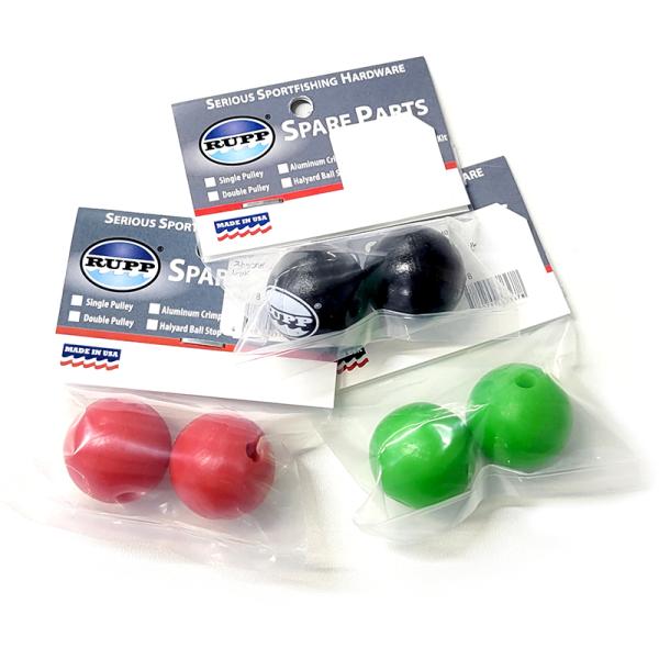 【RUPPマリーン製ロゴ入りアウトリガーストップボール】コルクよりも耐久性があります。中央の穴は、RUPPのモノフィラメントまたはナイロン（1/8 "）のハリヤードラインに使用できます。2個入りセット。カラーはブラック、レッド、グリーンの3...