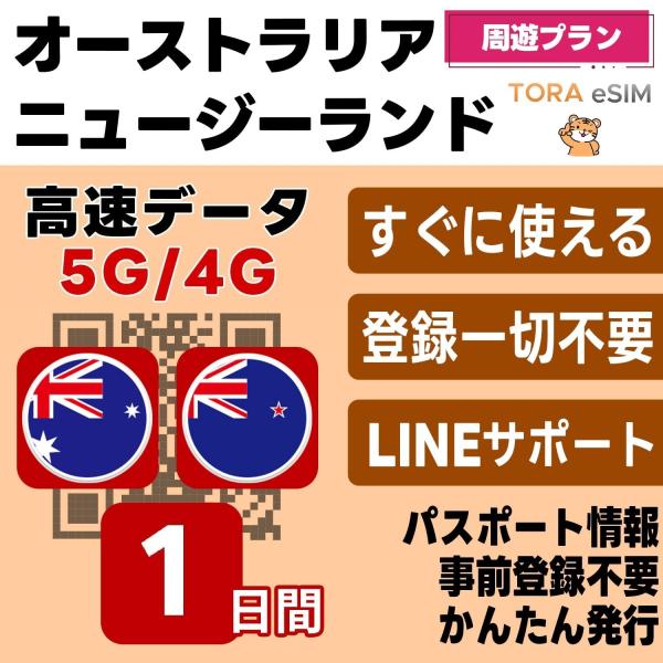 オーストラリア ニュージーランド 周遊 eSIM | 1日間 | デイリー(0.5GB/日)| 最短15分QRコード自動発行(24時間)| 5G/4G SIM 即日発行 日本で設定 LINEサポート