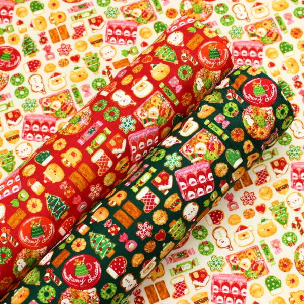 サンタクロースやトナカイがクッキーモチーフで描かれたクリスマス柄。扱いやすいシーチング生地で、巾着袋、各種雑貨類、帽子と多用途にお使いいただけます。そのまま壁に飾るだけでもクリスマスの雰囲気に。【ゆうパケット・2.5ｍまで対応可能】表示価格...