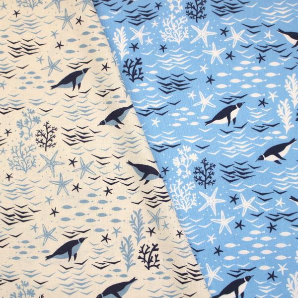 ペンギンが海の中で生活する様子がプリントされたかわいい柄。扱いやすいシーチング生地でお子様の入園入学グッズクッションカバー、エプロン等のインテリア用品、各種雑貨類と多用途にお使いいただけます。【ゆうパケット・2.5ｍまで対応可能】表示価格は...