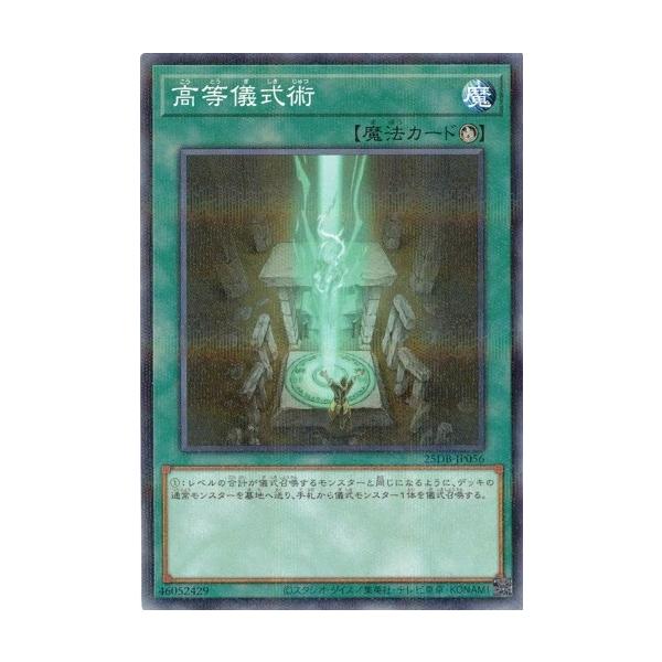 カード名:高等儀式術収録:PRISMATIC SUMMON品番:25DB-JP056レアリティ:ノーマルパラレル儀式魔法儀式モンスターの降臨に必要。(1)：レベルの合計が儀式召喚するモンスターと同じになるように、デッキから通常モンスターを墓...