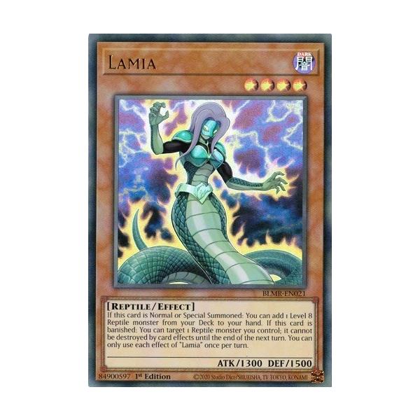 カード名:ラミア/Lamia収録:Battles of Legend：Monstrous Revenge品番:BLMR-EN021レアリティ:ウルトラレア効果モンスター星４/闇属性/爬虫類族/攻1300/守1500このカード名の(1)(2)...