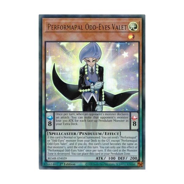 カード名:ＥＭオッドアイズ・バレット/Performapal Odd-Eyes Valet収録:Battles of Legend：Monstrous Revenge品番:BLMR-EN029レアリティ:ウルトラレアペンデュラム・効果モンス...