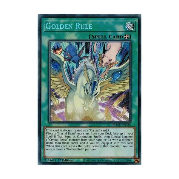 カード名:金科玉条/Golden Rule収録:Battles of Legend：Monstrous Revenge品番:BLMR-EN035レアリティ:シークレットレア装備魔法このカード名はルール上「宝玉」カードとしても扱う。このカード...