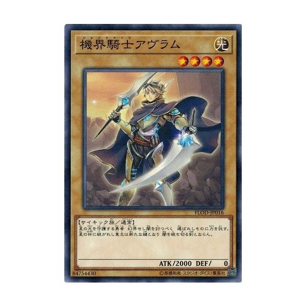 カード名:機界騎士アヴラム収録:フレイムズ・オブ・デストラクション品番:FLOD-JP016レアリティ:ノーマル通常モンスター星４/光属性/サイキック族/攻2000/守   0星の光を守護する勇者。幻界せし闇を討つべく、選ばれしものに力を托...