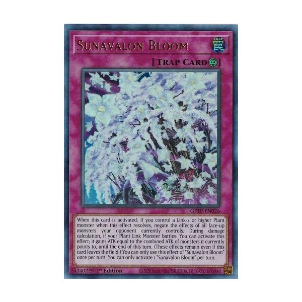 カード名:聖天樹の開花/Sunavalon Bloom収録:Ghosts From the Past品番:GFTP-EN026レアリティ:ウルトラレア永続罠このカード名のカードは１ターンに１枚しか発動できず、このカード名の(2)の効果は１タ...