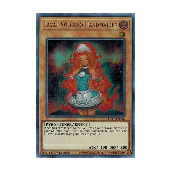 カード名:ラヴァル炎火山の侍女/Laval Volcano Handmaiden収録:Ghosts From the Past品番:GFTP-EN046レアリティ:ウルトラレアチューナー・効果モンスター星１/炎属性/炎族/攻 100/守 2...