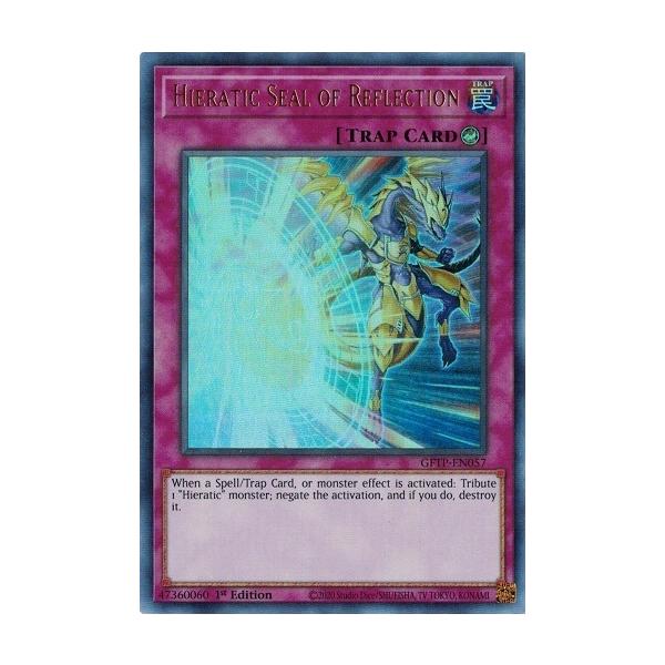 カード名:反射の聖刻印/Hieratic Seal of Reflection収録:Ghosts From the Past品番:GFTP-EN057レアリティ:ウルトラレアカウンター罠自分フィールド上の「聖刻」と名のついたモンスター１体を...