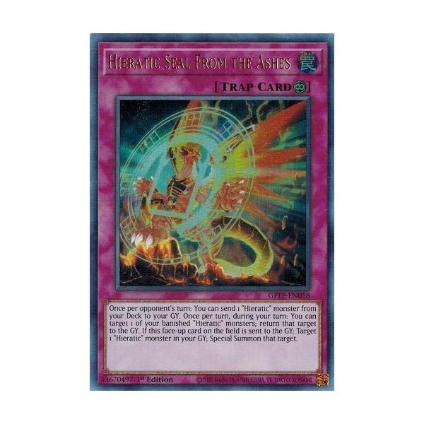 カード名:復活の聖刻印/Hieratic Seal From the Ashes収録:Ghosts From the Past品番:GFTP-EN058レアリティ:ウルトラレア永続罠相手のターンに１度、デッキから「聖刻」と名のついたモンスタ...