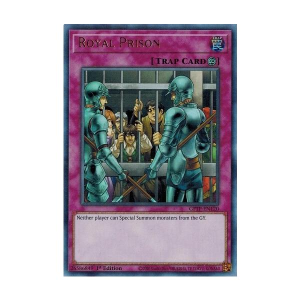 カード名:王宮の牢獄/Royal Prison収録:Ghosts From the Past品番:GFTP-EN120レアリティ:ウルトラレア永続罠このカードがフィールド上に存在する限り、お互いのプレイヤーは墓地のモンスターを特殊召喚できない。