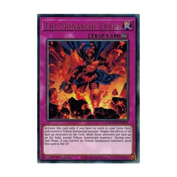 カード名:帝王の溶撃/The Monarchs Erupt収録:Maximum Gold品番:MAGO-EN092レアリティ:ゴールドレターレア永続罠自分のエクストラデッキにカードが存在せず、自分フィールドにアドバンス召喚したモンスターが存...