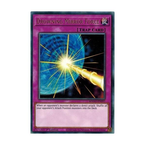 カード名:波紋のバリア −ウェーブ・フォース−/Drowning Mirror Force収録:Maximum Gold品番:MAGO-EN097レアリティ:ゴールドレターレア通常罠(1)：相手モンスターの直接攻撃宣言時に発動できる。相手フ...
