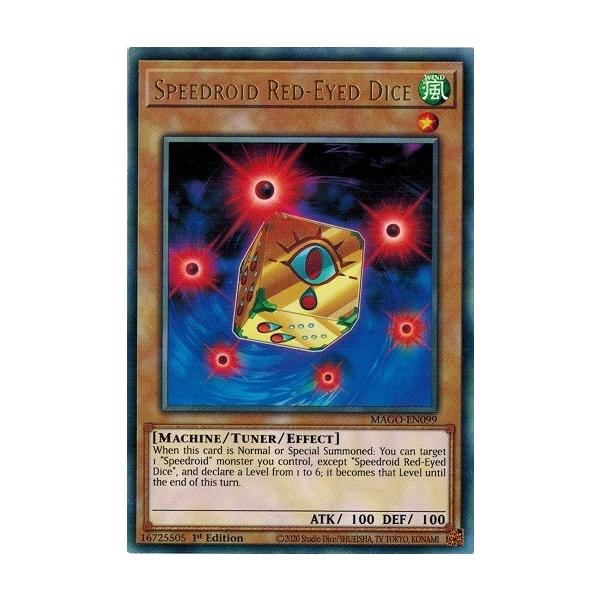 カード名:ＳＲ赤目のダイス/Speedroid Red-Eyed Dice収録:Maximum Gold品番:MAGO-EN099レアリティ:ゴールドレターレアチューナー・効果モンスター星１/風属性/機械族/攻 100/守 100(1)：こ...
