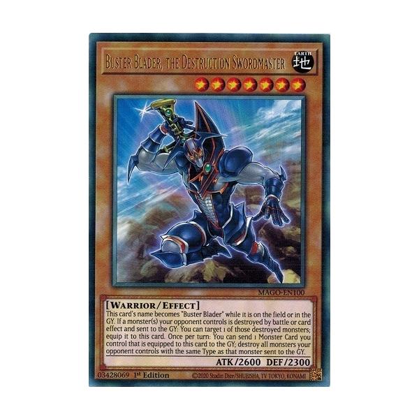 カード名:破壊剣の使い手−バスター・ブレイダー/Buster Blader, the Destruction Swordmaster収録:Maximum Gold品番:MAGO-EN100レアリティ:ゴールドレターレア効果モンスター星７/地...