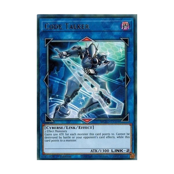 カード名:コード・トーカー/Code Talker収録:Maximum Gold：El Dorado品番:MGED-EN104レアリティ:ゴールドレターレアリンク・効果モンスターリンク２/闇属性/サイバース族/攻1300【リンクマーカー：上...