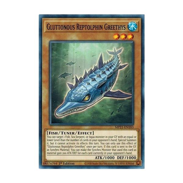 カード名:貪食魚グリーディス/Gluttonous Reptolphin Greethys収録:2021 Tin of Ancient Battles品番:MP21-EN183レアリティ:ノーマル効果モンスター星３/水属性/魚族/攻1000...