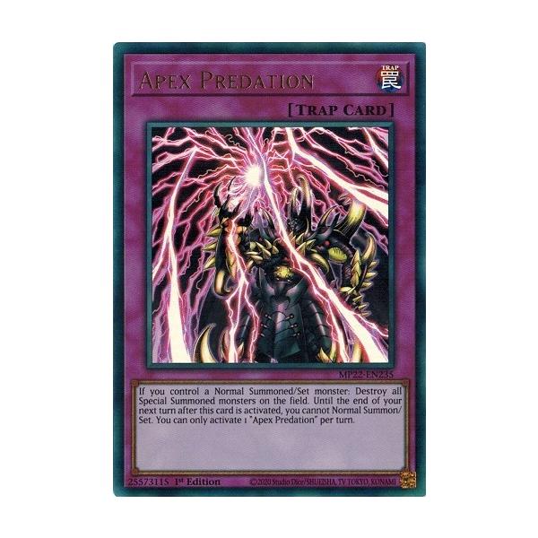 カード名:絶対なる捕食/Apex Predation収録:2022 Tin of the Pharaoh’s Gods Mega Pack品番:MP22-EN235レアリティ:ノーマル通常罠このカード名のカードは１ターンに１枚しか発動できな...