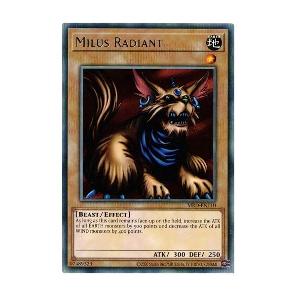 カード名:ミリス・レディエント/Milus Radiant収録:Metal Raiders 25th reprinted edition品番:MRD-EN110レアリティ:レア効果モンスター星１/地属性/獣族/攻 300/守 250このカー...