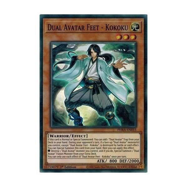 カード名:双天脚の鴻鵠/Dual Avatar Feet - Kokoku収録:ファントム・レイジ品番:PHRA-EN015レアリティ:スーパーレア効果モンスター星３/光属性/戦士族/攻 800/守2000このカード名の(1)(2)の効果は...