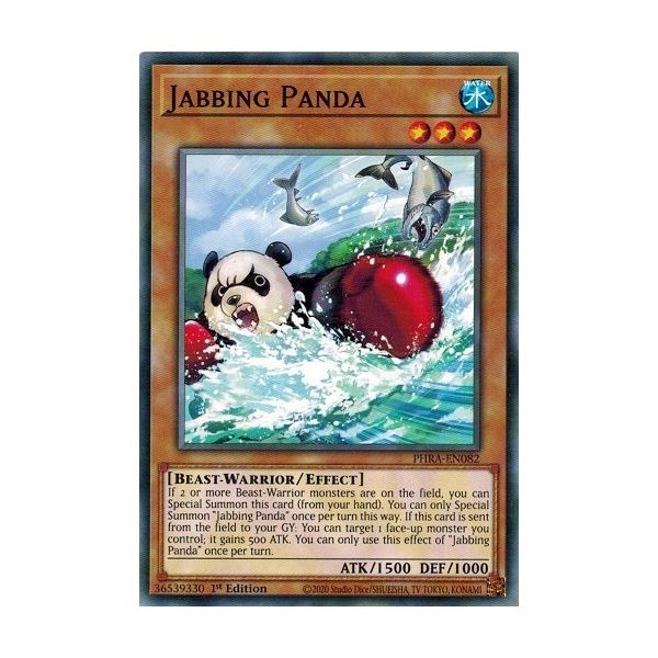 カード名:Jabbing Panda収録:ファントム・レイジ品番:PHRA-EN082レアリティ:ノーマル効果モンスター星３/水属性/獣戦士族/攻1500/守1000このカード名の、(1)の方法による特殊召喚は１ターンに１度しかできず、(2...