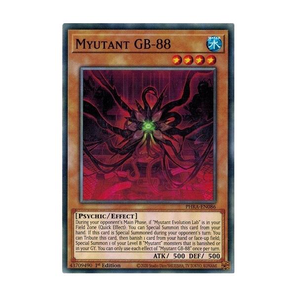 カード名:Myutant GB-88収録:ファントム・レイジ品番:PHRA-EN086レアリティ:ノーマル日本語訳効果モンスター星４/水属性/サイキック族/攻 500/守 500このカード名の(1)(2)の効果はそれぞれ１ターンに１度しか使...