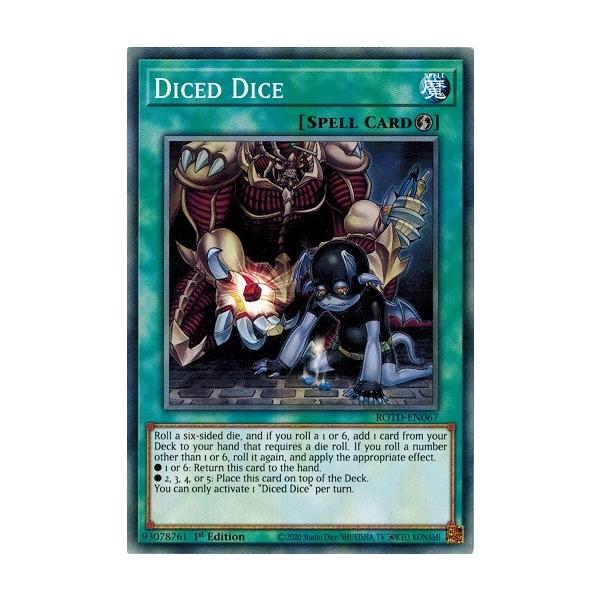 カード名:賽挑戦/Diced Dice収録:ライズ・オブ・ザ・デュエリスト品番:ROTD-EN067レアリティ:ノーマル速攻魔法このカード名のカードは１ターンに１枚しか発動できない。(1)：サイコロを１回振り、１・６が出た場合、サイコロを振...