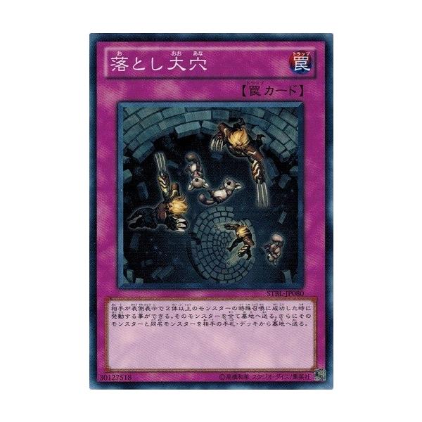カード名:落とし大穴収録:スターストライク・ブラスト品番:STBL-JP080レアリティ:ノーマルレア通常罠相手が表側表示で２体以上のモンスターの特殊召喚に成功した時に発動する事ができる。そのモンスターを全て墓地へ送る。さらにそのモンスター...