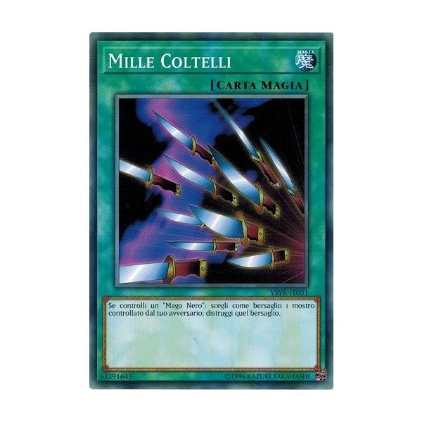カード名:千本ナイフ/Mille Coltelli収録:Starter Deck Yugi - Reloaded品番:YSYR-IT031レアリティ:ノーマル通常魔法(1)：自分フィールドに「ブラック・マジシャン」が存在する場合、相手フィー...