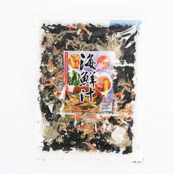 [商品名]　海鮮汁[内容量]75g[原材料]乾わかめ(わかめ(中国産))、とろろ昆布(昆布、醸造酢、還元水飴)、煮干えび、素干アキアミ、カニカマホール(魚肉すり身、でん粉、卵白、還元水飴、食塩、その他)、乾燥ねぎ／加工デンプン、調味料(アミ...