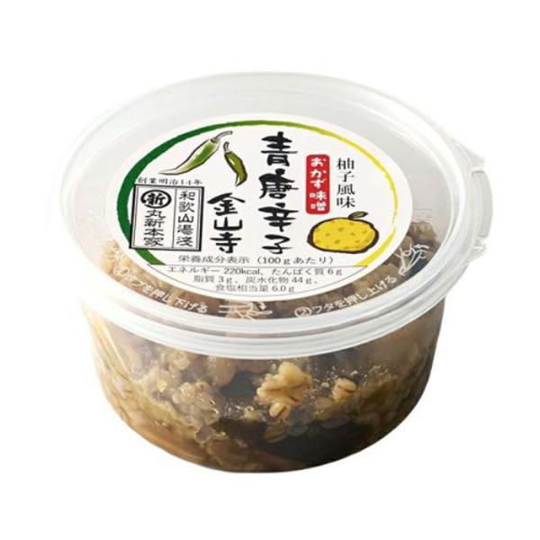 ピリ辛でさわやかな風味の金山寺味噌（おかず味噌）です。お料理のトッピングにもおすすめです。※包装不可商品です。[商品名]青唐辛子金山寺味噌[原材料]米（国産）、大麦、大豆、うり、砂糖、水飴、食塩、青唐辛子、なす、生姜、ゆず皮、ゆず果汁、しそ...