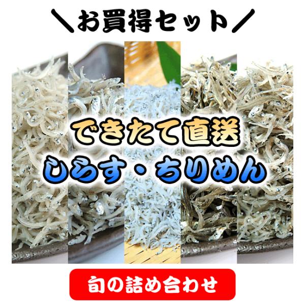 【今が旬の出来たて品を詰め合わせ】釜揚げしらす・上乾ちりめんじゃこ・季節のちりめんじゃこ…今が旬の人気＆お薦め品４〜５品を厳選して詰め合わせいたします。季節によりセット内容は変わりますので、ご注文毎に違った旬の味覚をお届けします。【セット内...