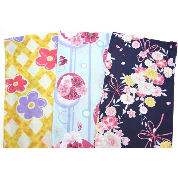 ◇新柄！子供浴衣◇140＜カラー＞1：黄×うす黄（花）2：水色×赤紫（桜・金魚）3：濃紺（花）＜サイズ＞【140】身丈：約140cm袖丈：約60cm裄丈：約62cm【150】身丈：約150cm袖丈：約49cm裄丈：約64cm＜素材＞綿　10...